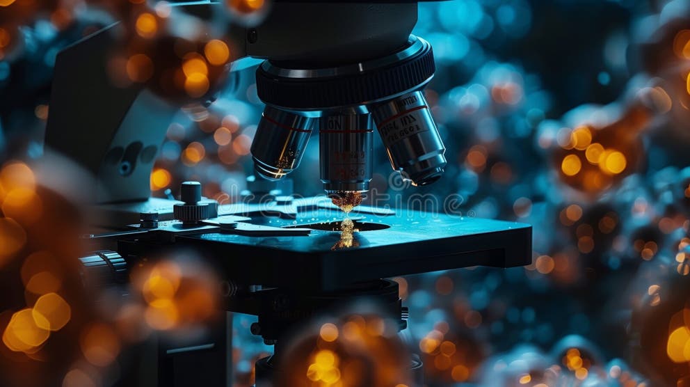 Close-Up of a Microscope Lens Focused on a Sample with Blurred ...