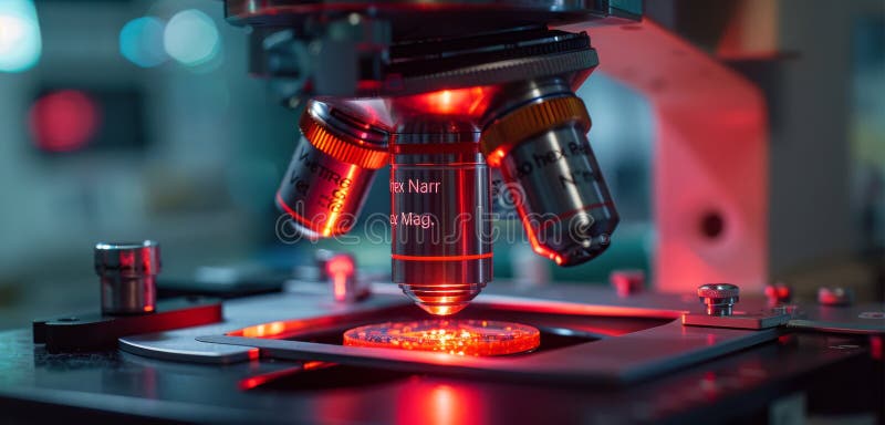Close Up of a Microscope Lens Focusing on a Sample Under Bright Red ...