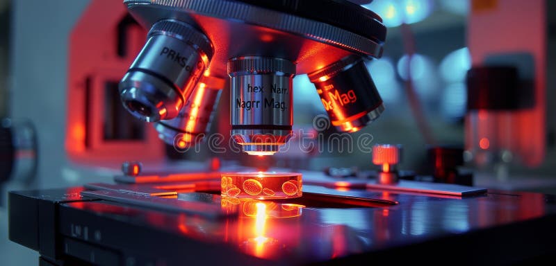 Close Up of a Microscope Lens Focusing on a Sample Under Bright Red ...