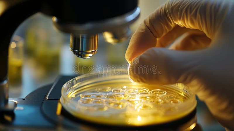 Close Up of Microscope Lens with Hand Placing Sample on Petri Dish ...