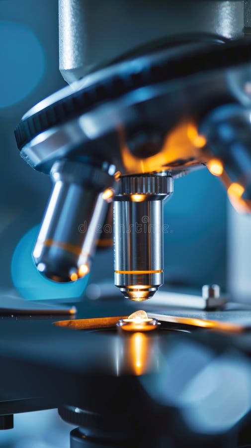 Close-up of a Microscope Lens in a Laboratory Setting, with Blue Bokeh ...