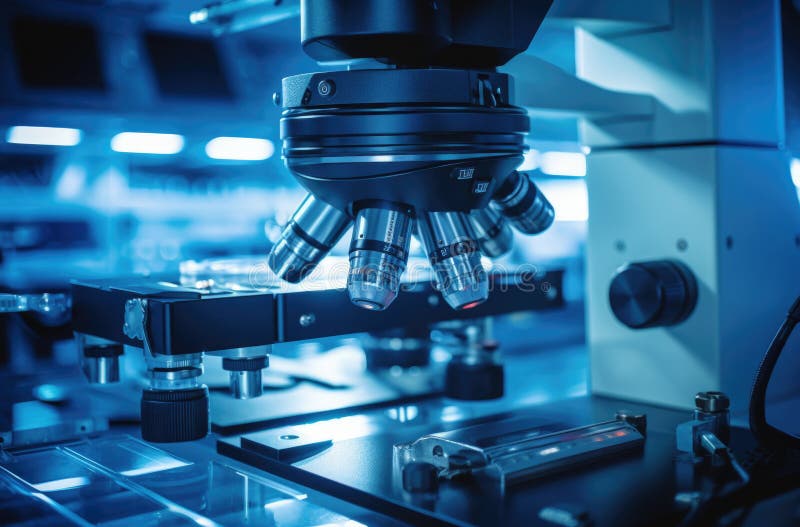 Close Up of Microscope Lenses Focused on a Specimen in Blue Light Stock ...