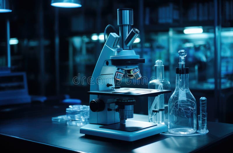 Close Up of Microscope Lenses Focused on a Specimen in Blue Light Stock ...