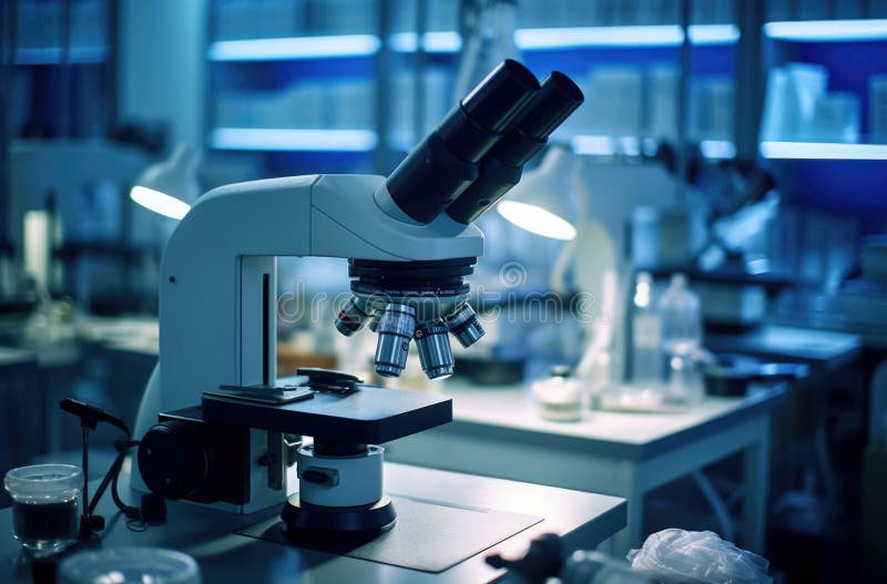 Close Up of Microscope Lenses Focused on a Specimen in Blue Light Stock ...