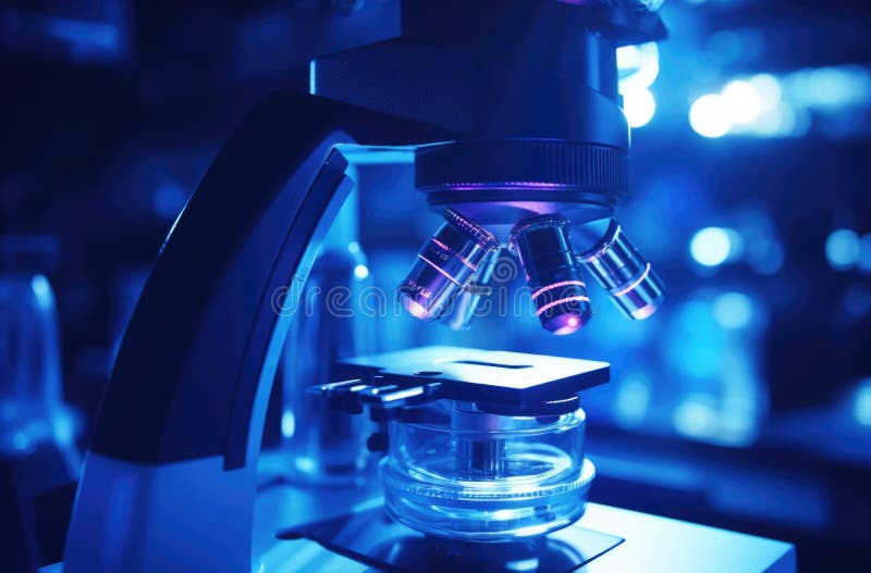 Close Up of Microscope Lenses Focused on a Specimen in Blue Light Stock ...