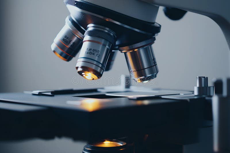 Close-up of Microscope Lenses in a Laboratory Setting with Focused ...