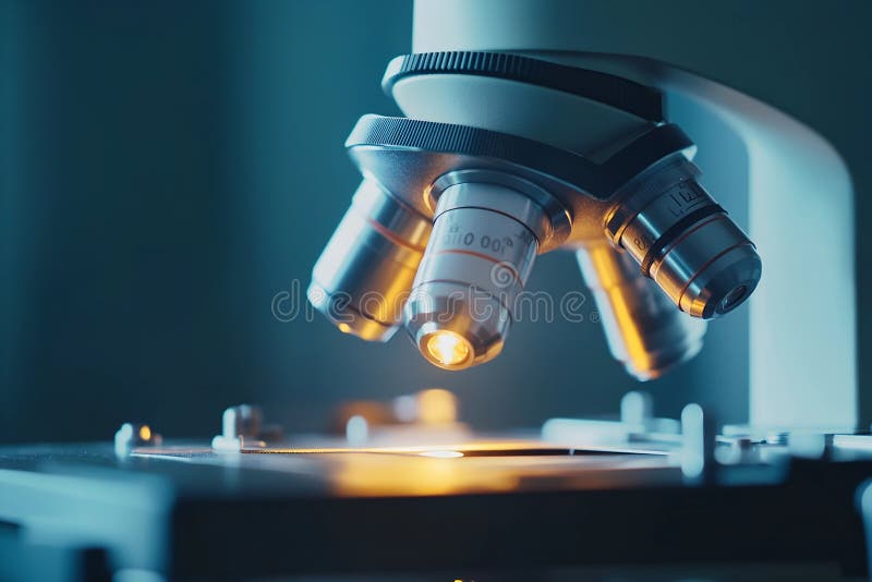 Close-up of Microscope Lenses in a Laboratory Setting with Focused ...