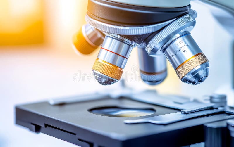 Close-up of Microscope Lenses in a Scientific Laboratory, Symbolizing ...