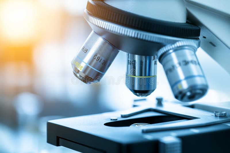 Close-up of Microscope with Metal Lens at Laboratory Stock Image ...
