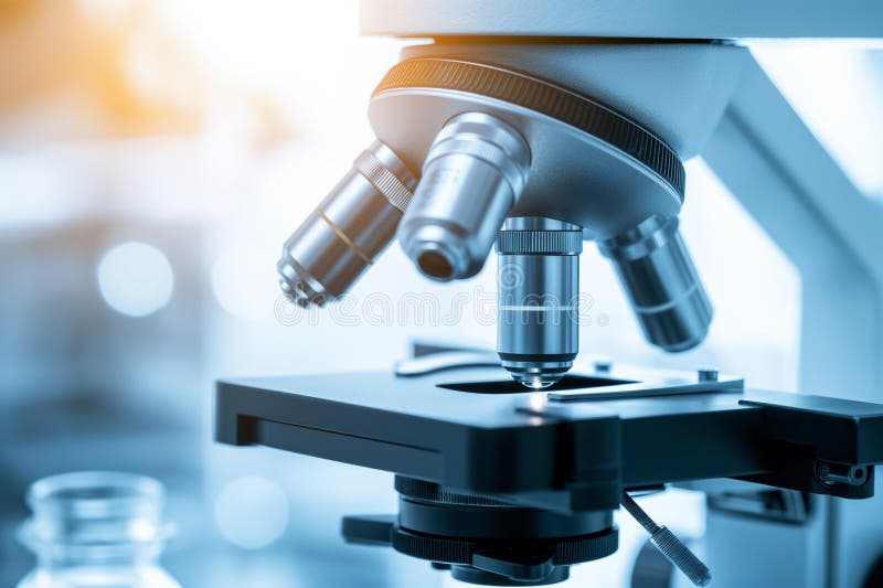 Close-up of Microscope with Metal Lens at Laboratory Stock Photo ...