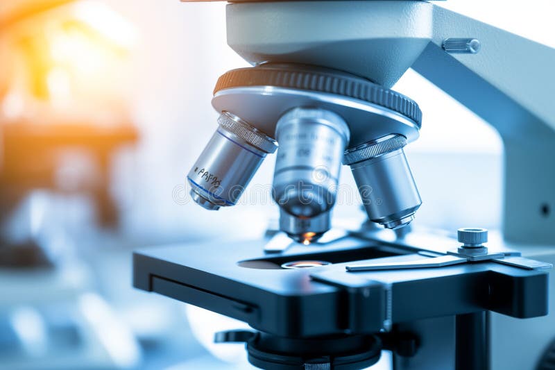 Close-up of Microscope with Metal Lens at Laboratory Stock Photo ...