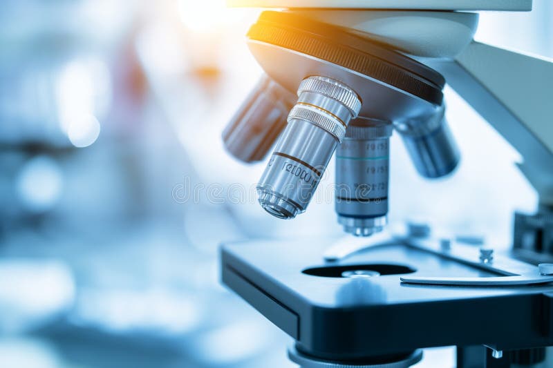 Close-up of Microscope with Metal Lens at Laboratory Stock Photo ...