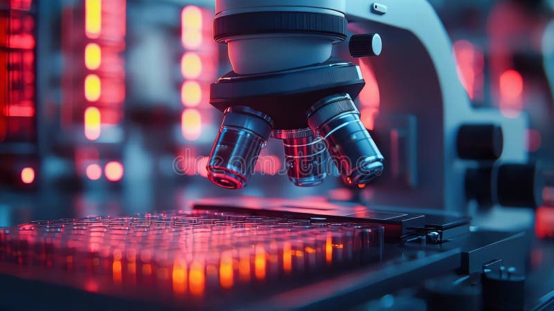 Close-up of a Microscope in a Modern Lab with Glowing Red Lights and ...