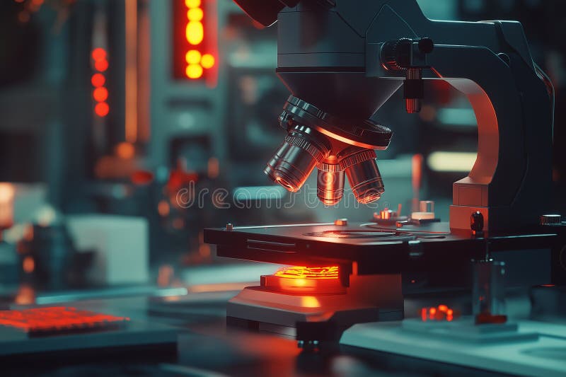 Close-up of Microscope in Modern Lab with Red Lighting Stock ...