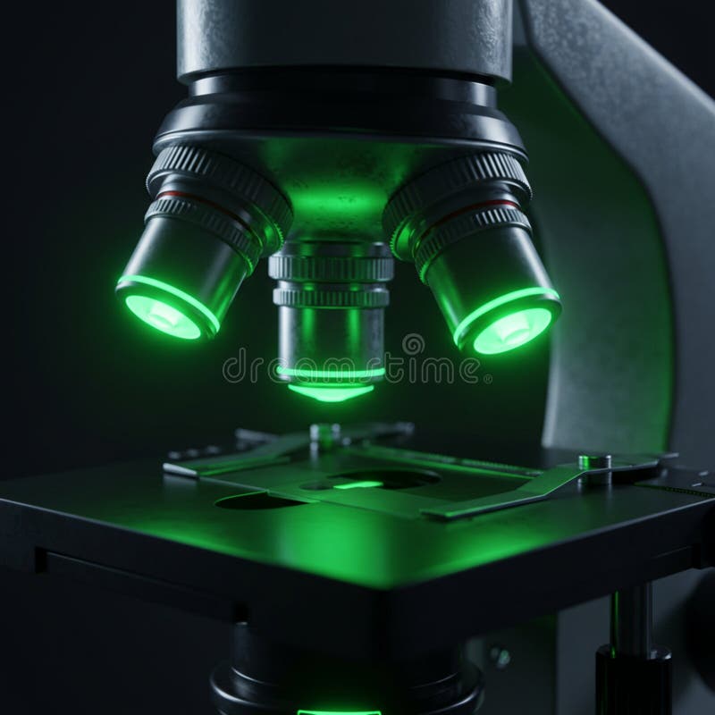 A Close-up of a Microscope with Multiple Objective Lenses Illuminated ...