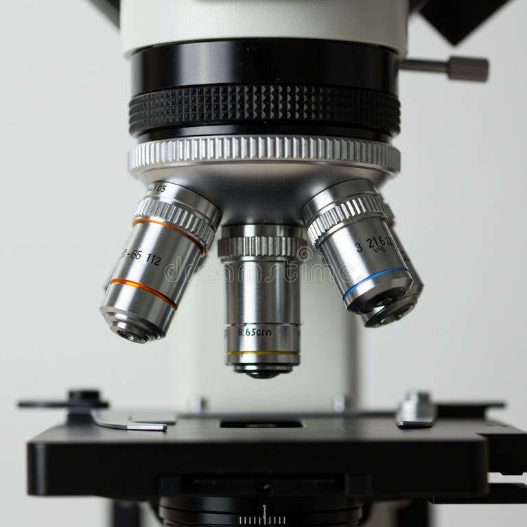 Close-up of a Microscope S Objective Lenses and Stage. Three Metallic ...