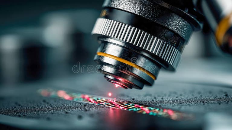 Close-up of a Microscope Scanning a Glowing DNA Strand with Laser ...