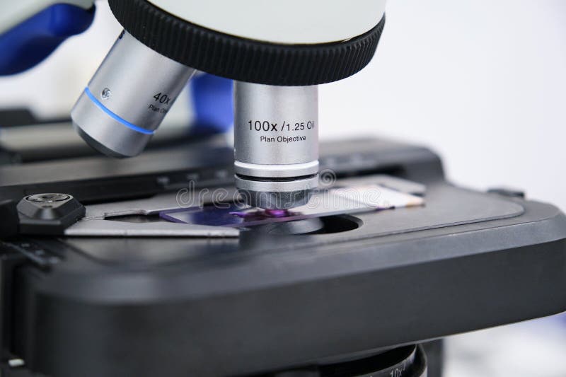 Close Up of Microscope Slide in a Microscope Lens. Stock Photo - Image ...