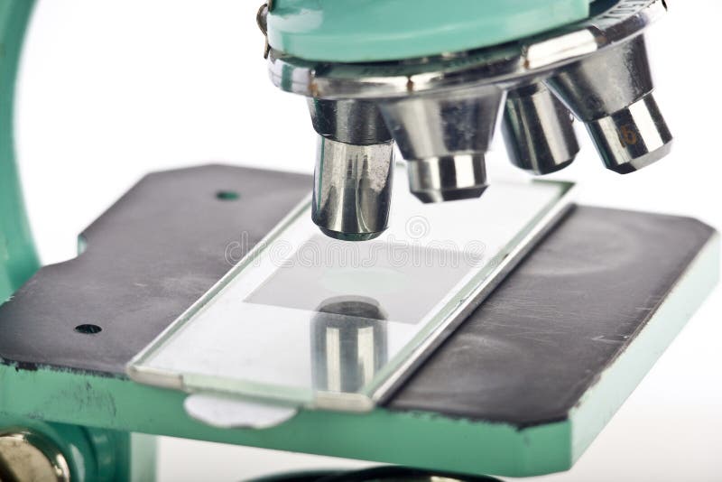Close Up of Microscope and Slide on White Stock Image - Image of ...