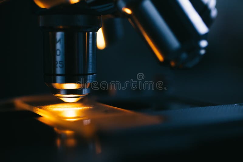 Close Up of Microscope and Test Sample Stock Image - Image of research ...