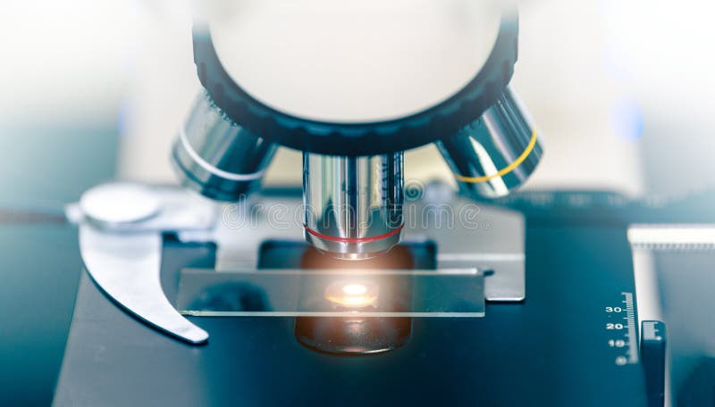 Close Up of Microscope with Test Sample in Medical Research Lab or ...