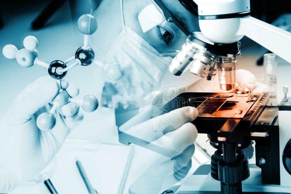 Close Up of Microscope Viewing Sample with Atom Ball and Stick ...