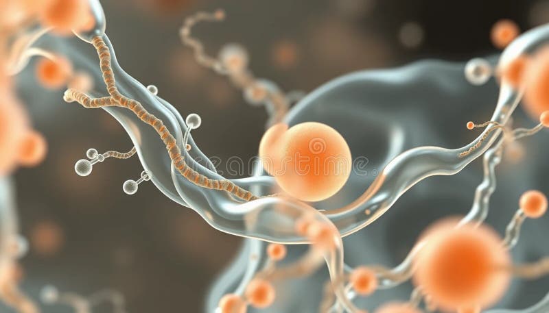 Close-up of Microscopic Cell Structure with Orange Spheres and ...