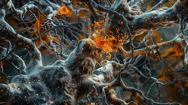 Close Up Microscopic Image of a Neuron with Branching Dendrites and ...