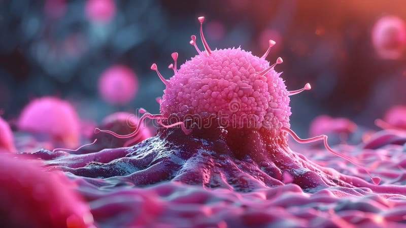 A Close-up Microscopic View of a Cancerous Cell, with a Spiky, Pink ...