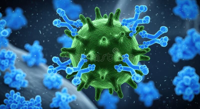 Close-up Microscopic View of a Green Virus Particle with Blue Spikes ...