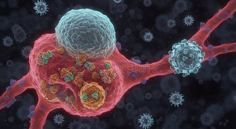 Close-up Microscopic View Illustrating Cells Infection and Viral Attack ...