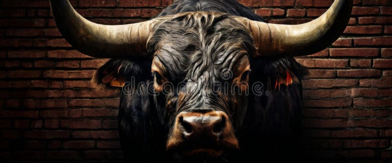 Powerful Bull in Front of Brick Wall, Intense Gaze Stock Image - Image ...