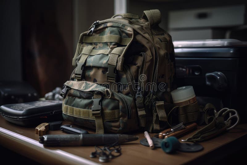 Close-up of Military Backpack, with Various Tools and Accessories ...