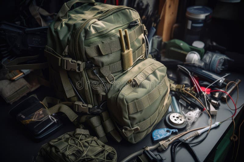 Close-up of Military Backpack, with Various Tools and Gadgets Visible ...
