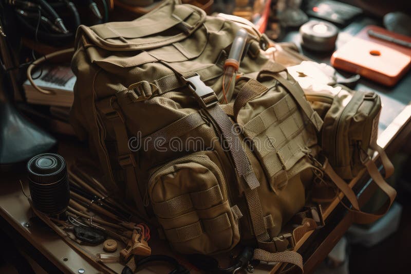 Close-up of Military Backpack, with Various Tools and Gadgets Visible ...