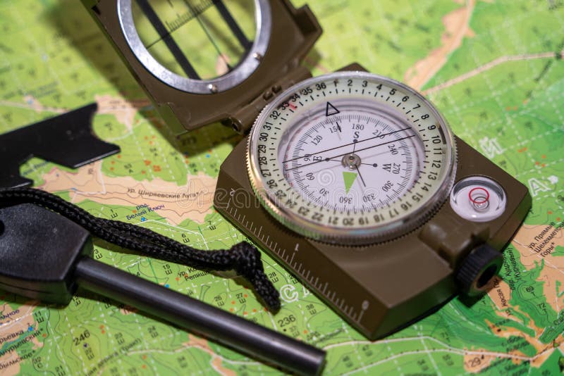 Close-up of a Military Compass on a Map of Russia. Determining the ...