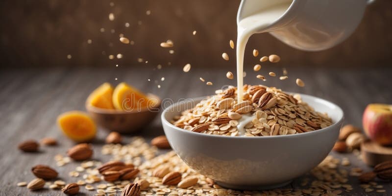 Close Up of Milk Pouring Onto Oats with Fruit and Nuts in a Bowl. Stock ...