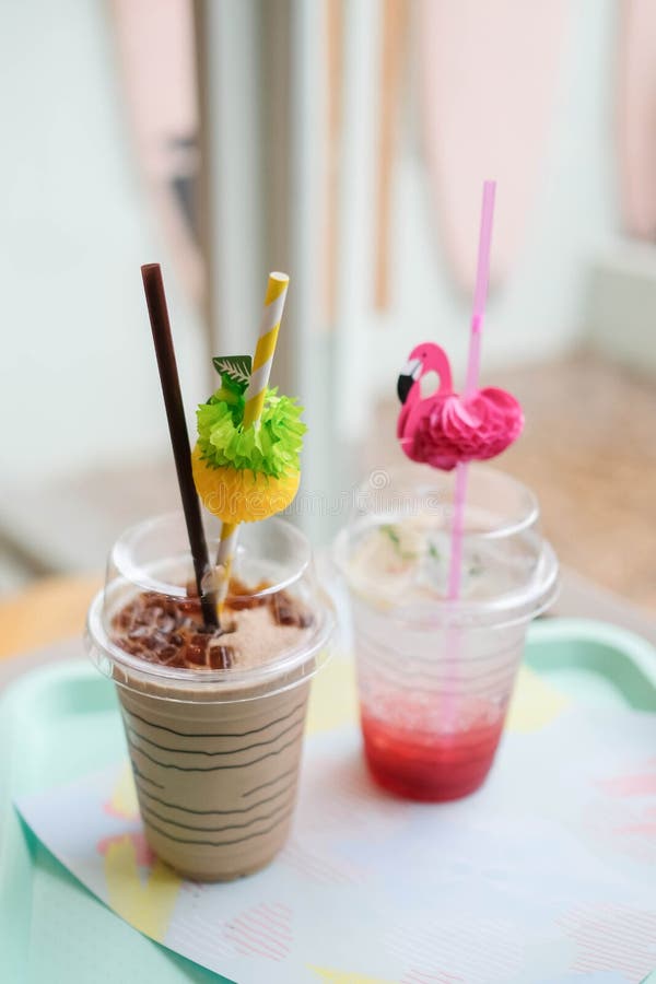 Close Up of Milk Tea and Strawberry Soda on the Table Stock Photo ...