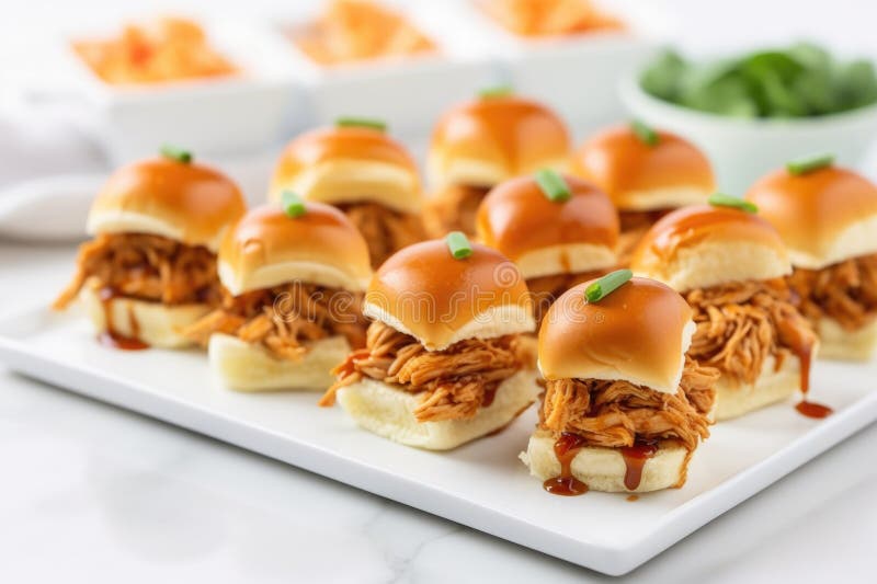 Close-up of Mini Bbq Chicken Sliders on a White Porcelain Tray Stock ...
