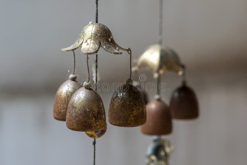 Selective Focus Small Brass Bell Hanging in the House Golden Bell is ...