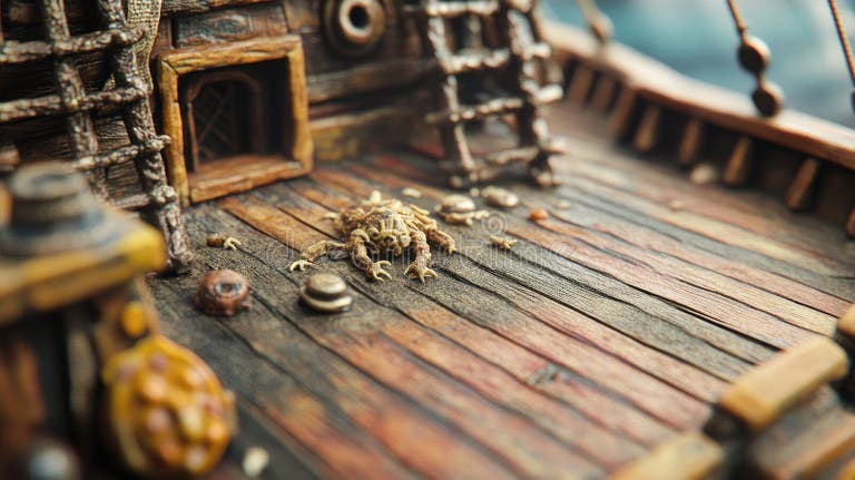 Close-Up of Miniature Ship Model with Small Creature Figure on Deck ...
