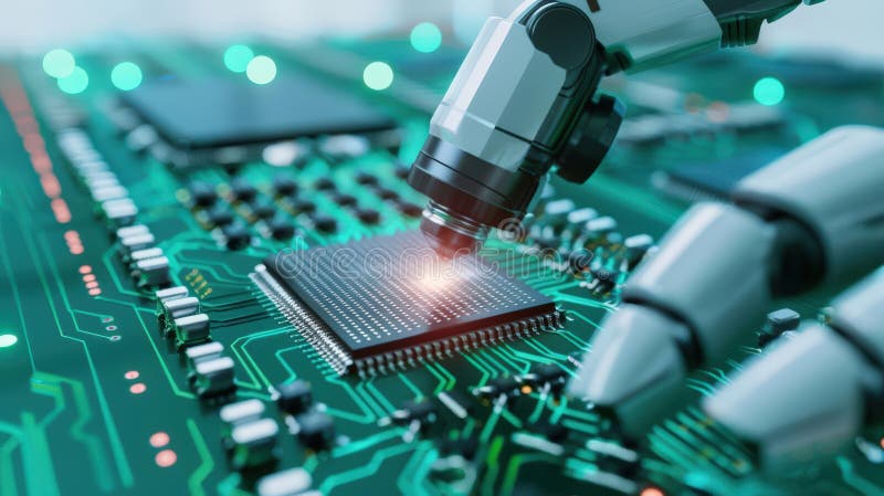 Closeup Minimal Style of AIpowered Robotic Arm Assembling Microchips on ...