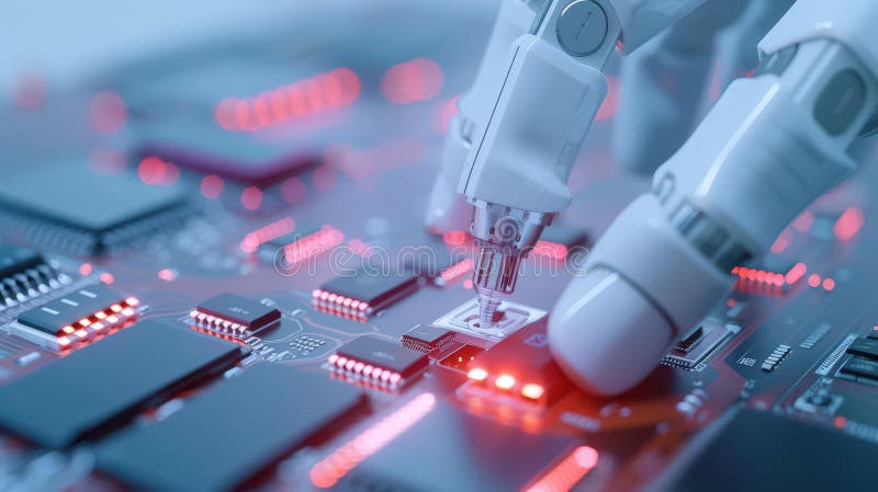 Closeup Minimal Style of AIpowered Robotic Arm Assembling Microchips on ...