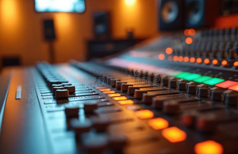 Close-up Mixing Console Featuring Faders, Knobs in Recording Studio ...