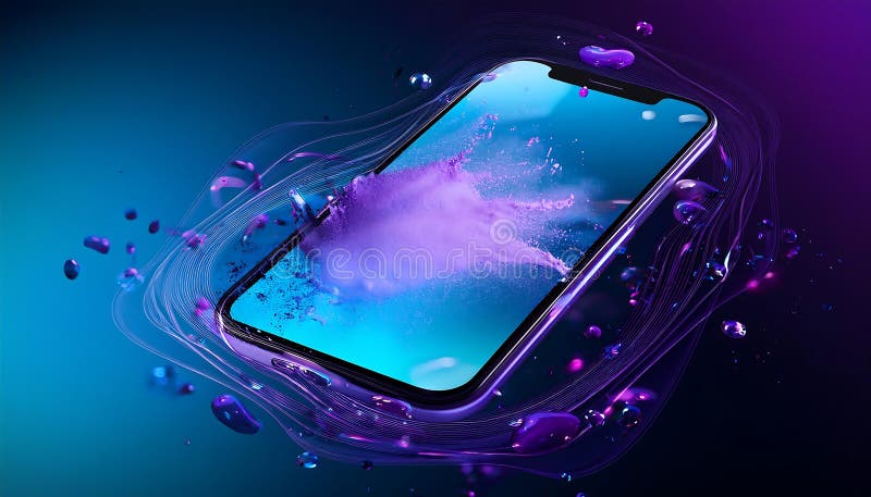 Close-up of Mobile and Computer Graphics in Blue with Purple Splashes ...