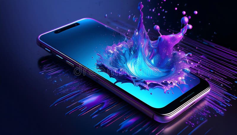 Close-up of Mobile and Computer Graphics in Blue with Purple Splashes ...