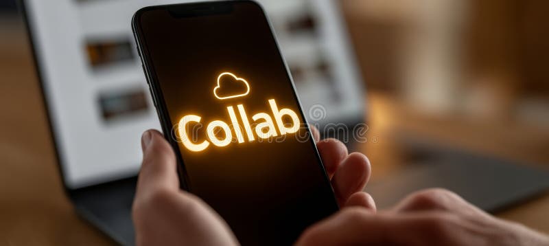 Close-up of Mobile Phone Displaying Glowing Collab and Cloud Icon ...