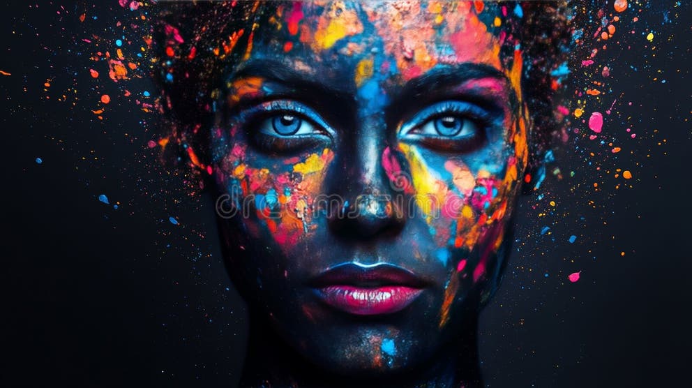Colorful Splashes Exploding from Model Face Painting Stock Image ...