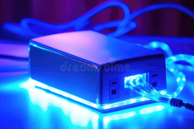 Close-up of a Modem with Connected Cable Glowing Blue Stock Image ...