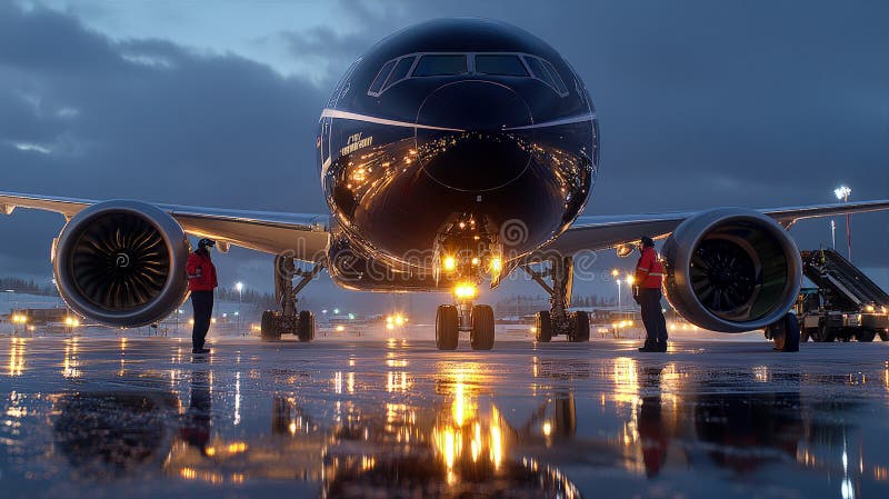 A Close-up of a Modern Airplane on a Lit Runway at Night, with ...